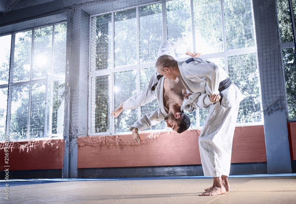 Two judo fighters showing technical skill while practicing martial arts ...
