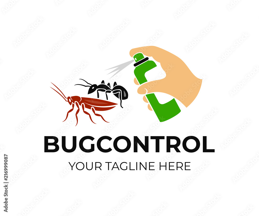 Hand holds spray and sprinkles on ants and cockroach, logo design. Pest ...