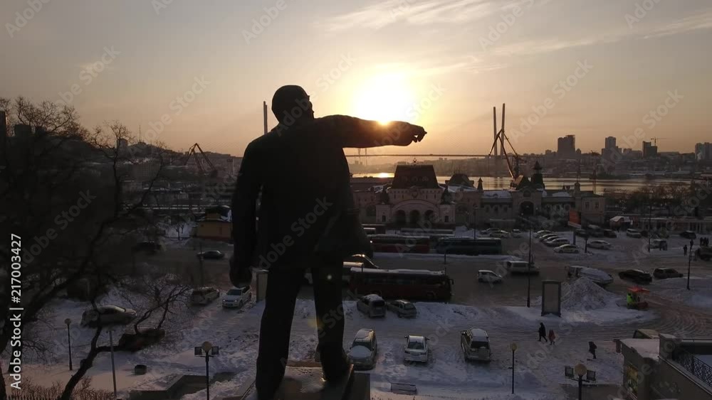 Picturisque sunset Aerial near Lenin Statue Monument Railway station ...