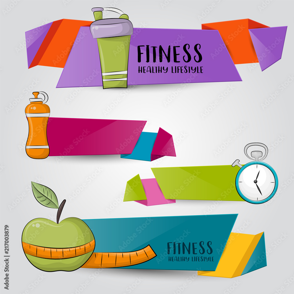 Fitness and healthy lifestyle. Horizontal banner template set. Modern ...