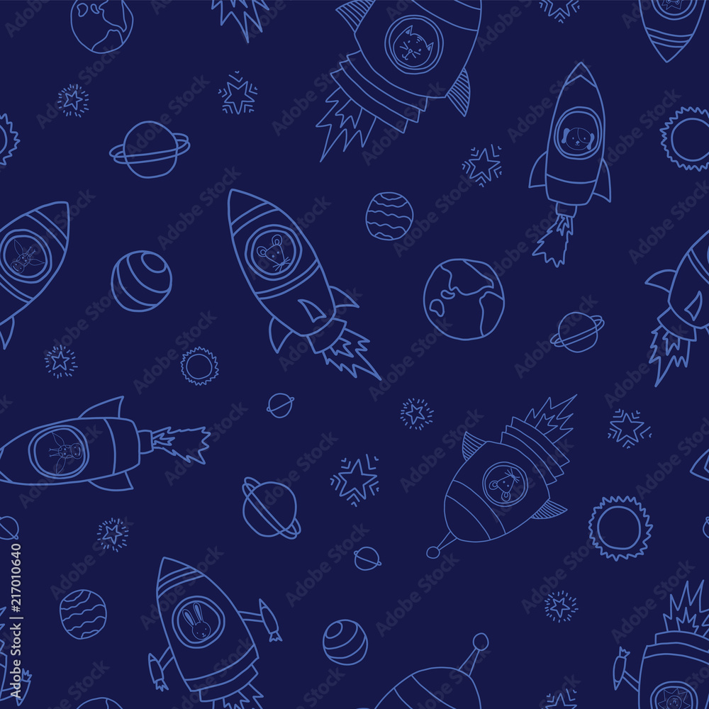 Space animals on blue seamless vector background. Rocket ships ...