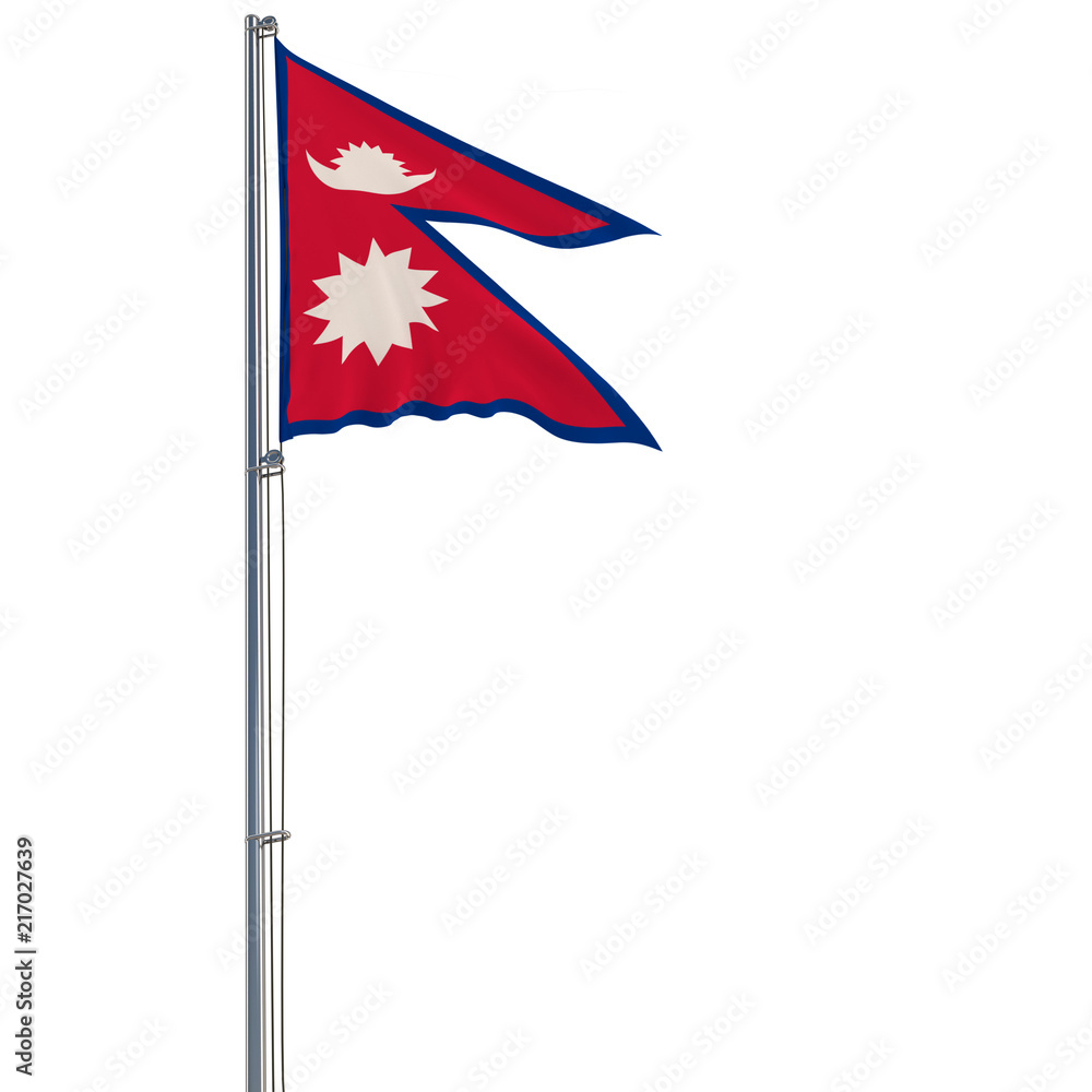 Isolate flag of Nepal on a flagpole fluttering in the wind on a white ...