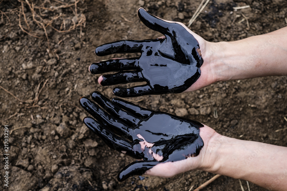 oil leaking. Very dirty hand.Stain hands showing thumbs up with black ...
