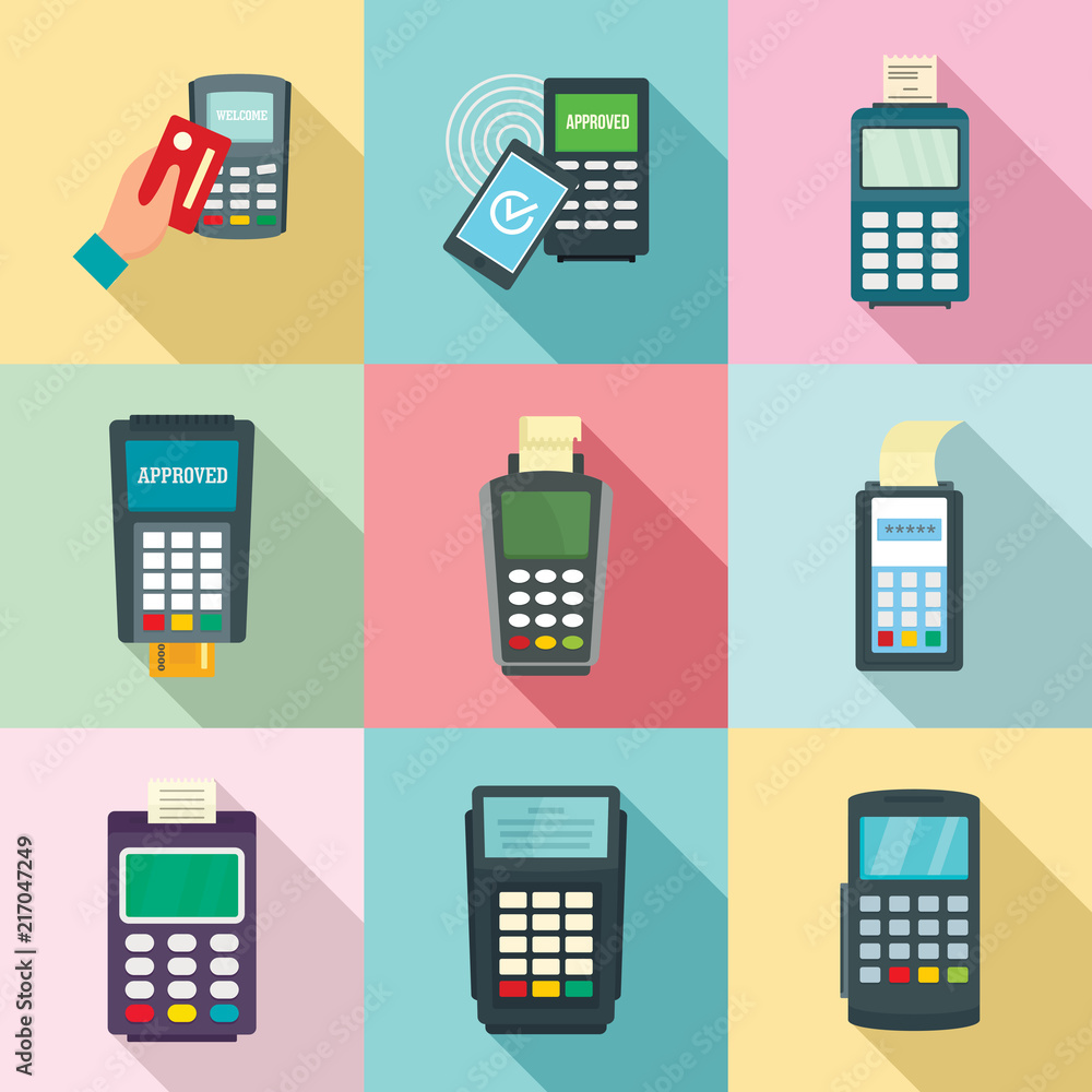 Bank terminal card credit machine icons set. Flat illustration of 9 ...