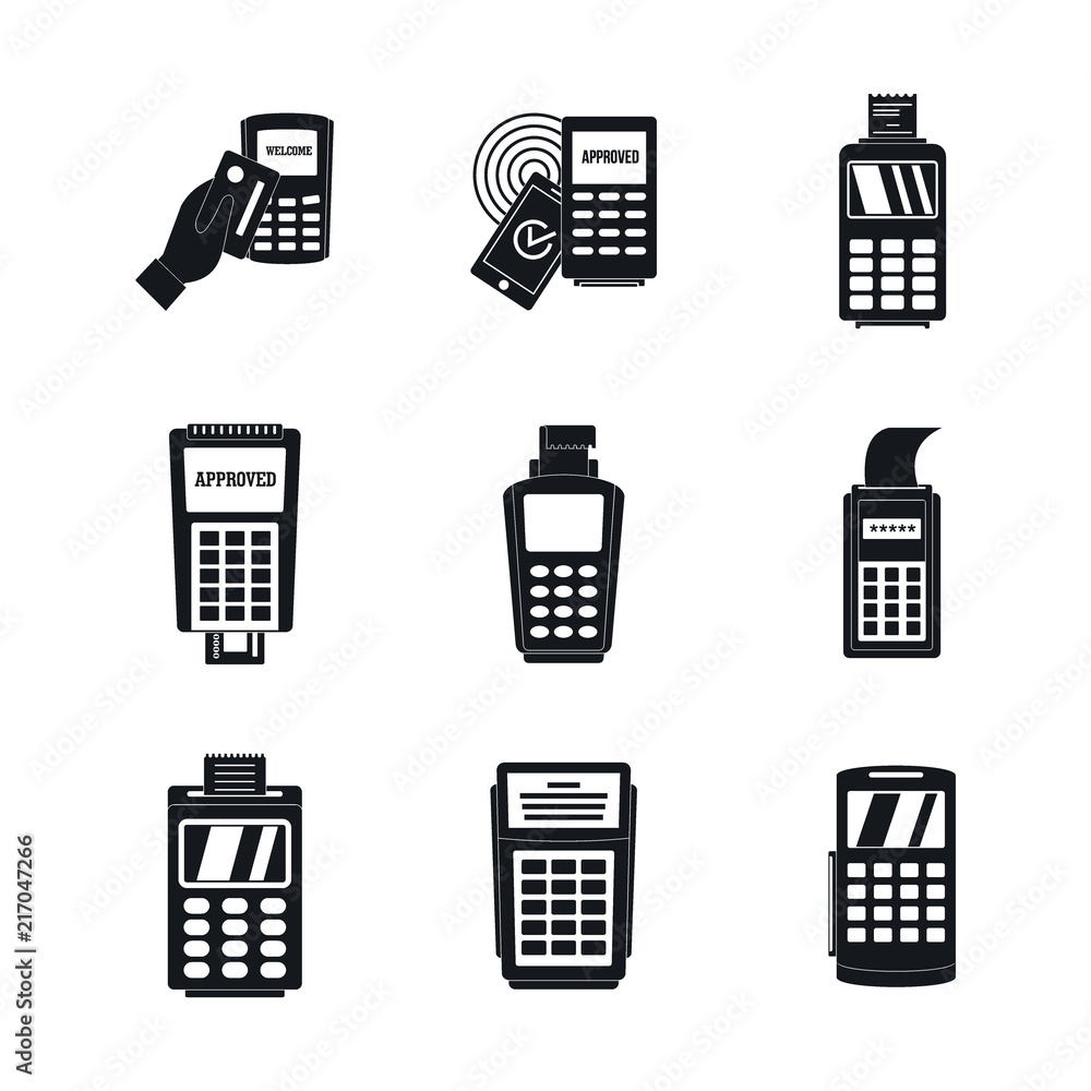 Bank terminal card credit machine icons set. Simple illustration of 9 ...