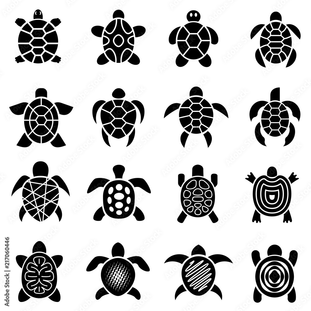 Turtle logo top view icons set. Simple illustration of 16 turtle logo ...