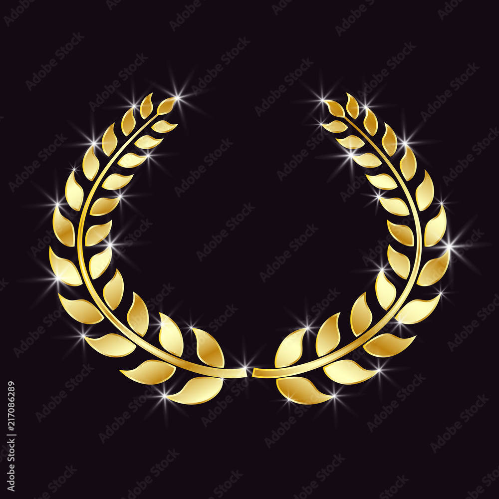 Golden Laurel wreath with glitter, specks of light on an isolated black ...