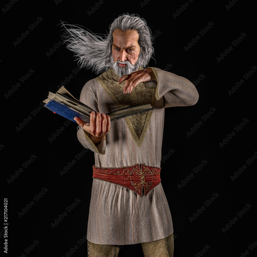 Wizard with spell book. 3D image Stock Photo | Adobe Stock