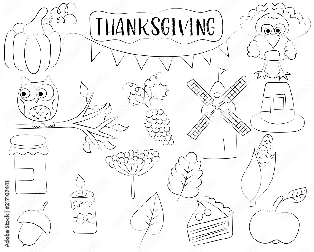 Thanksgiving holiday icon set. Autumn harvest design concept. Black and ...