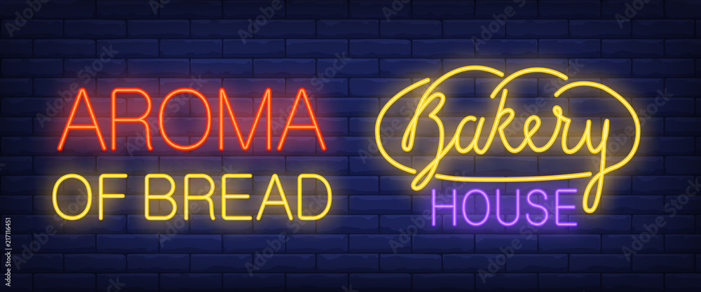 Aroma of bread, bakery house neon text. Bakery shop and pastry concept ...