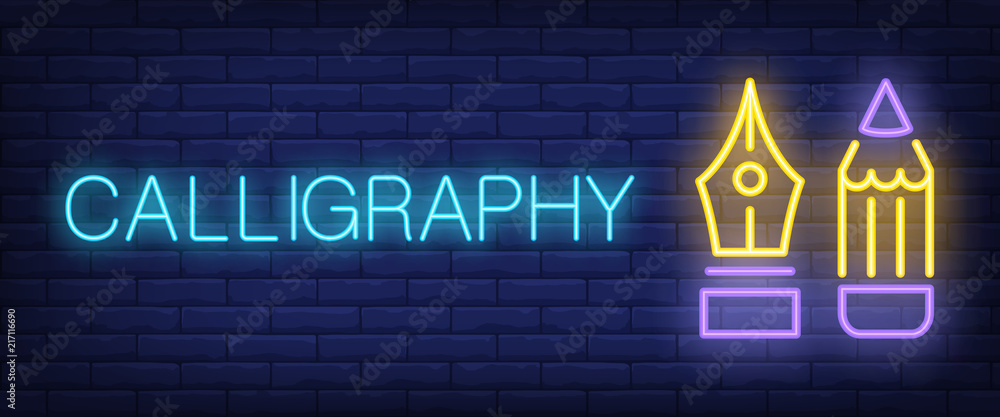 Calligraphy neon text with fountain pen and pencil. Education and ...