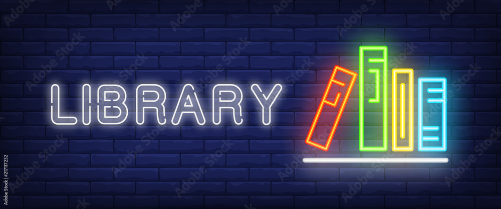 Library neon text and books on shelf. Education, literature and ...