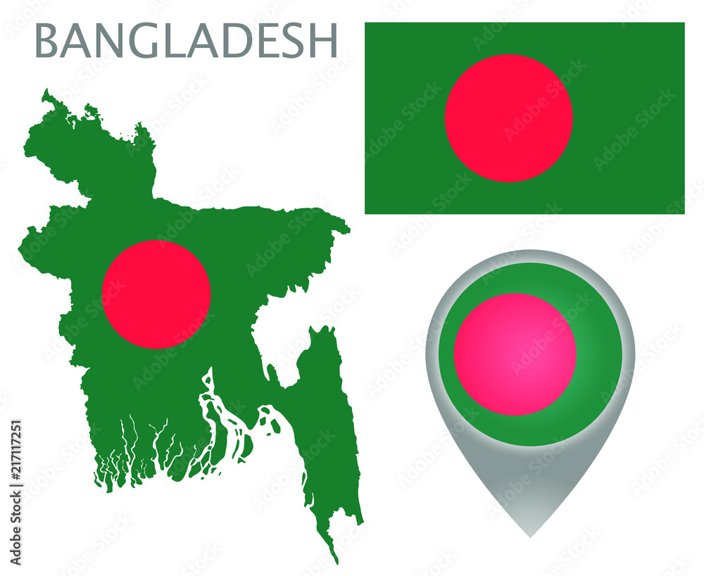 Colorful flag, map pointer and map of Bangladesh in the colors of the ...