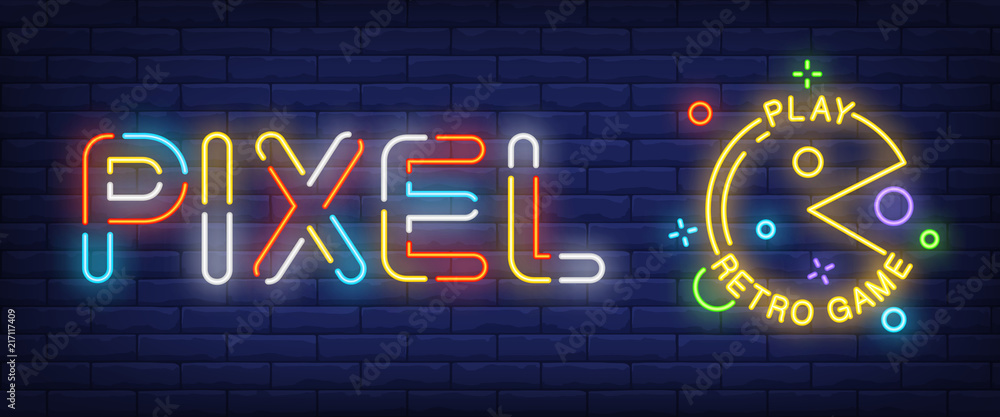 Pixel, play retro game neon text and character. Technology and ...