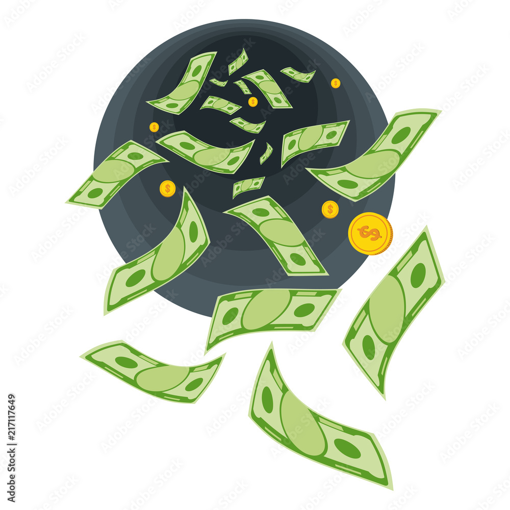 Cash flow. Banknotes fly away into a black hole. Bankruptcy and the ...