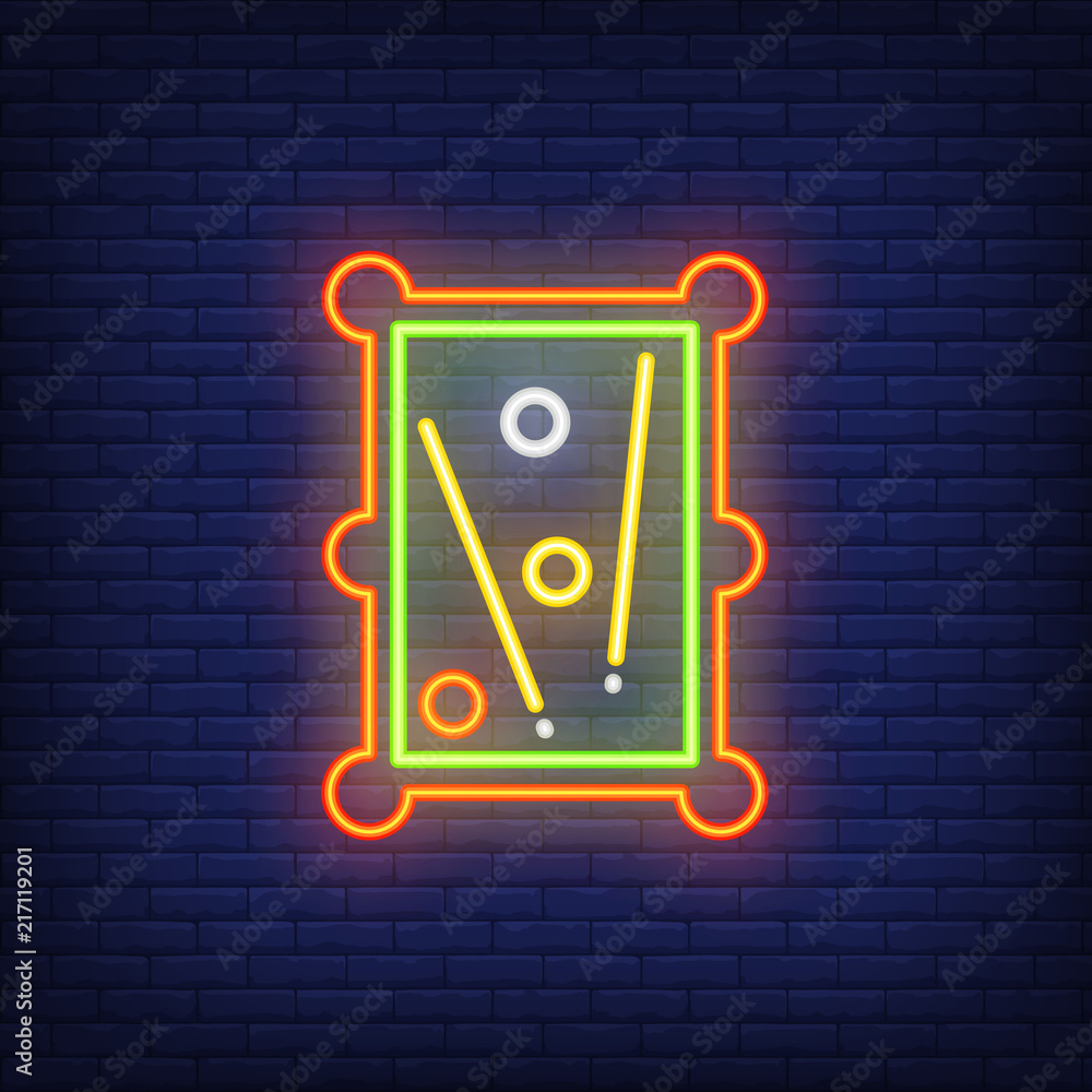 Billiard with balls and cues neon sign. Leisure game space on dark ...