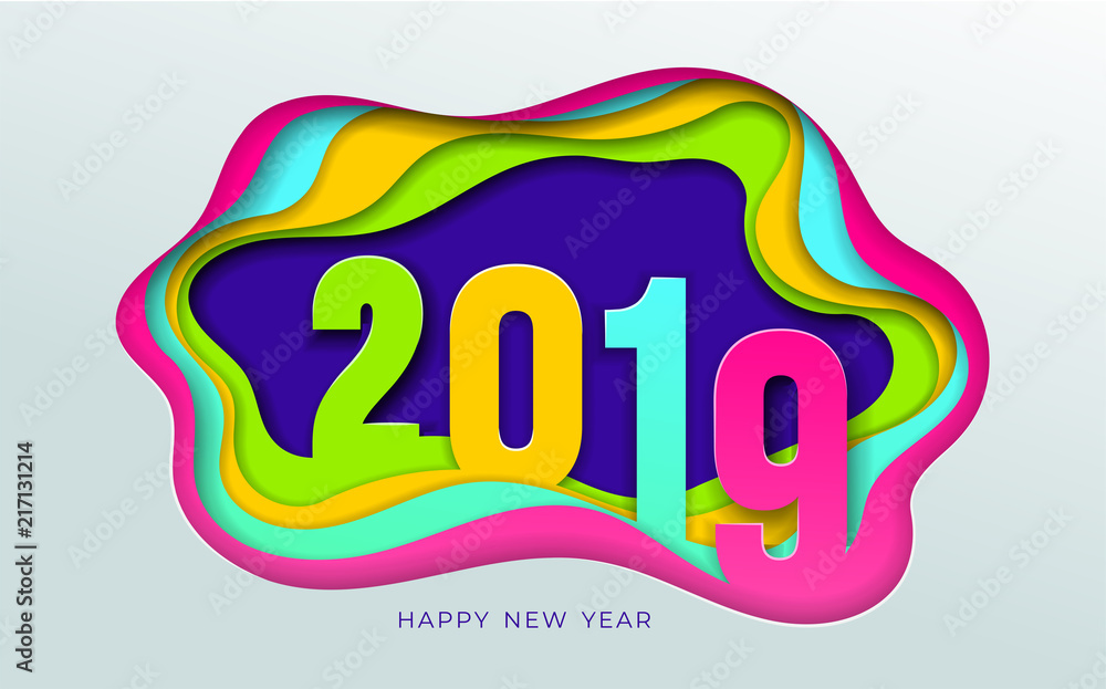 2019 number text design typography pattern. Paper art and digital craft ...