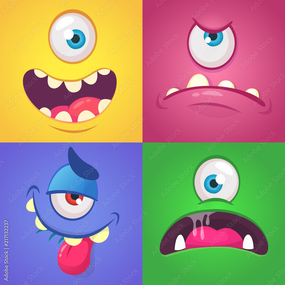 Cartoon monster faces set. Vector set of four Halloween monster faces ...