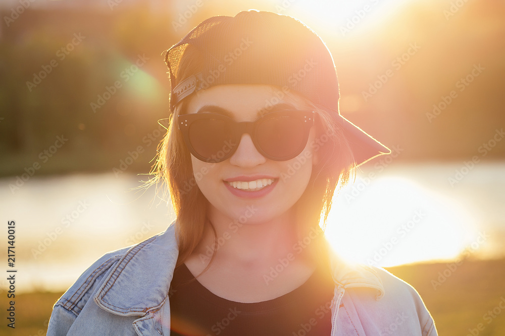 beautiful cool woman in cap and sunglasses have fun background the ...