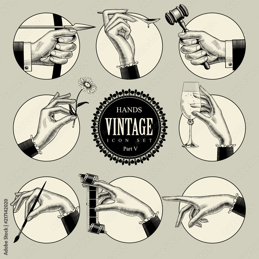 Set of round icons in vintage engraving style with hands and ...