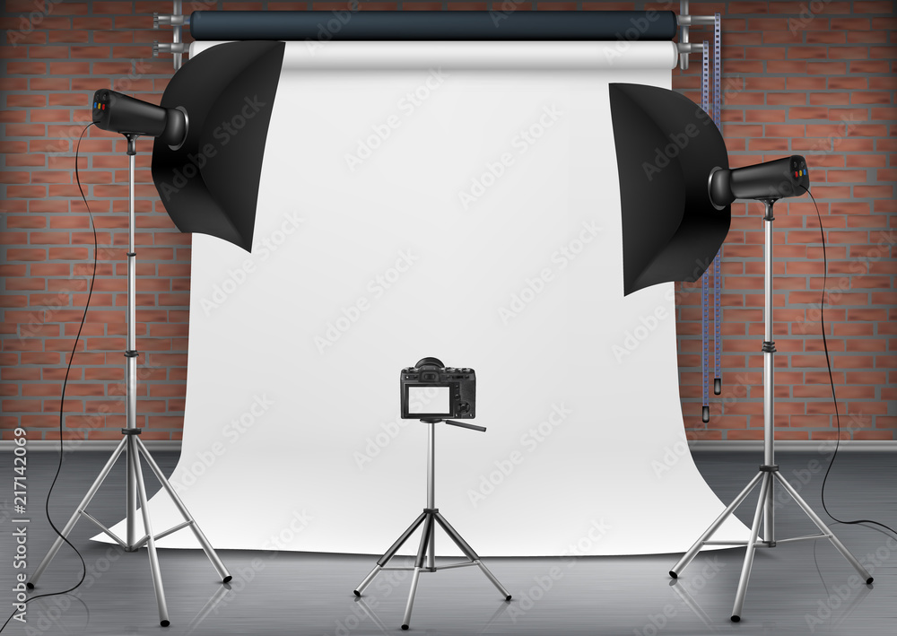 Vector realistic illustration of empty room with blank white screen ...