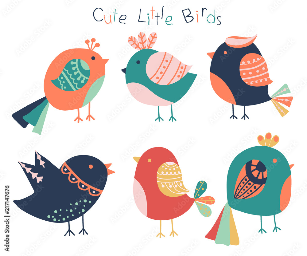 Hand drawn cute birds collection isolated on white background. Stock ...