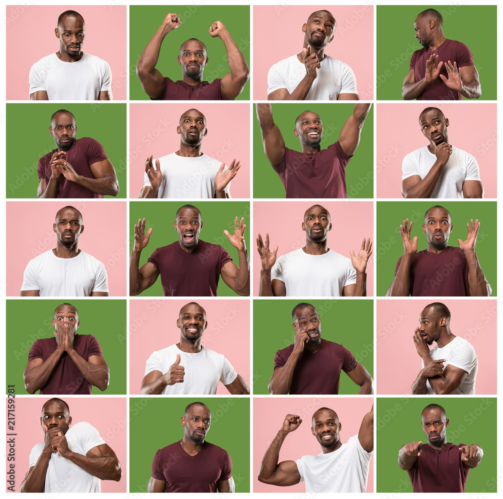 The collage of different human facial expressions, emotions and ...