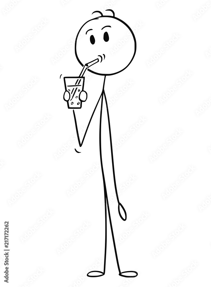 Cartoon stick drawing conceptual illustration of man drinking soda pop, water, fizzy drink or ...