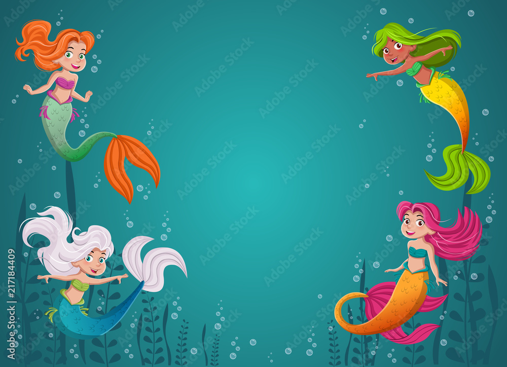 Cartoon mermaid princess with colorful hair. Mermaid children swimming ...