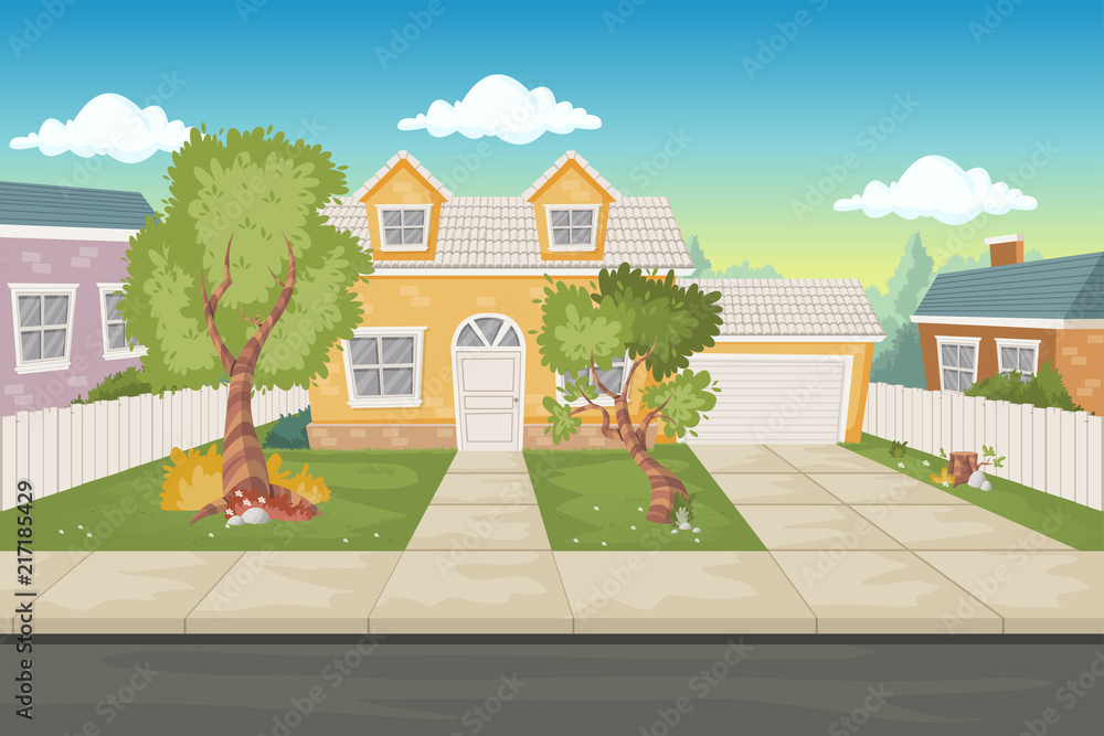 Colorful cartoon houses. Suburb neighborhood. Stock Vector | Adobe Stock