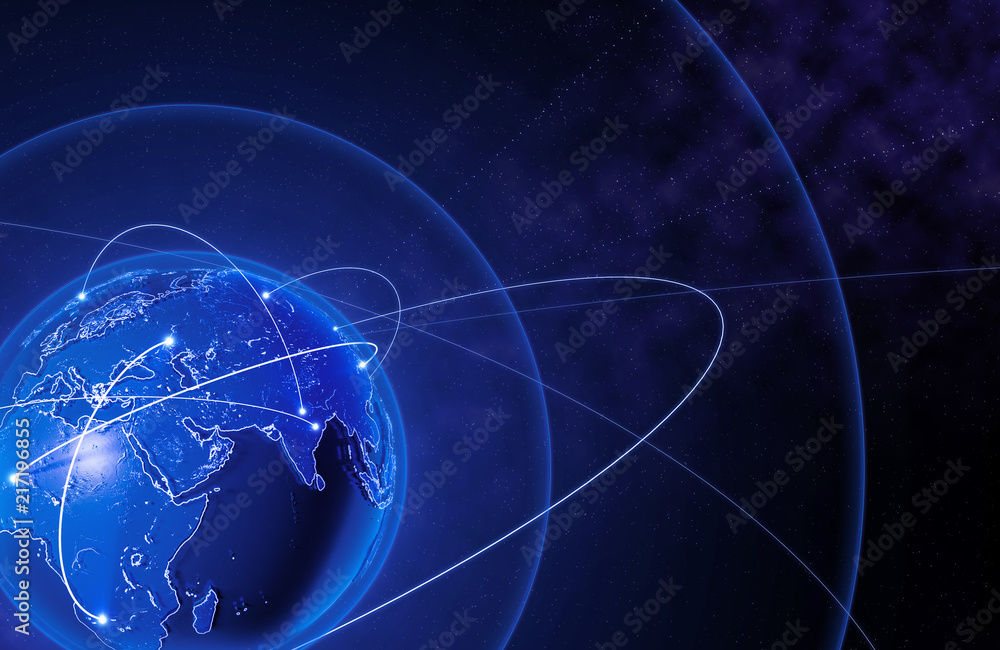 Connection lines and orbits Around Earth Globe, Theme Background with ...
