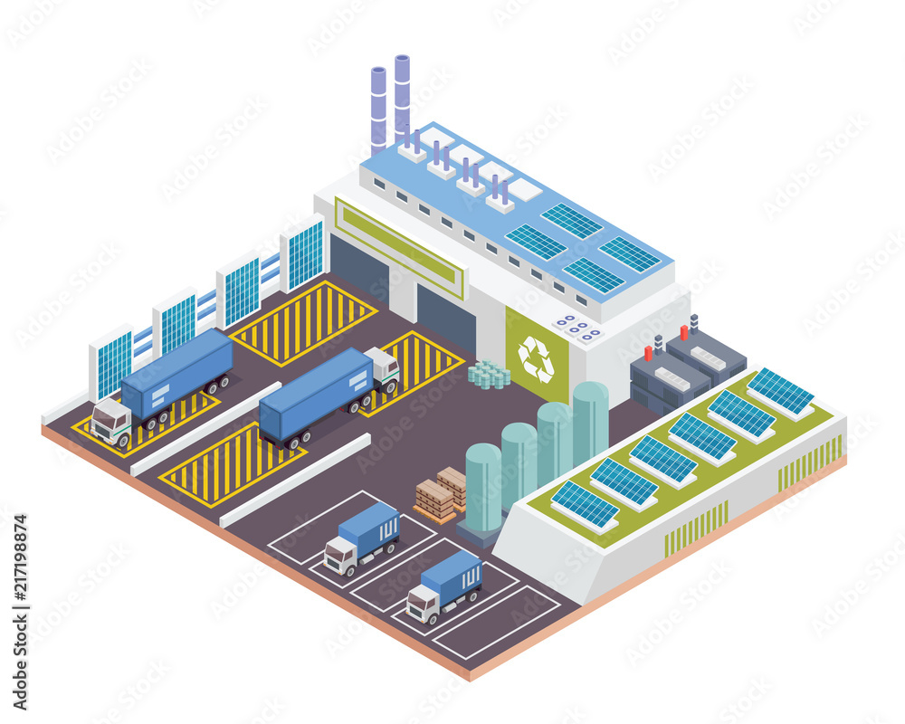 Modern Isometric Green Recycle Factory Building With Solar Panel Energy ...