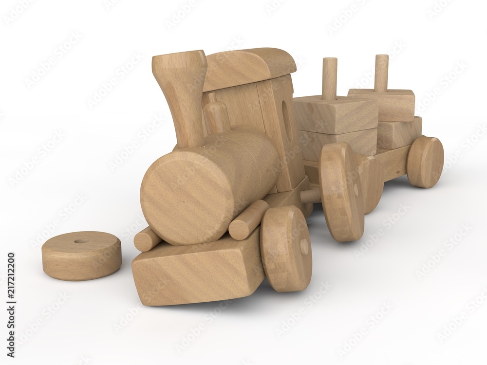 3D illustration of a wooden children's toy locomotive, which collapsed ...