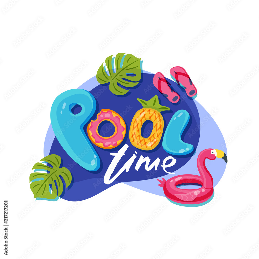 Swimming pool time cute letters. Vector label, sticker or print design ...