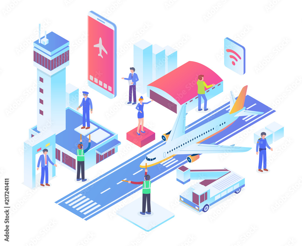 Modern Isometric Smart Airport System Technology Illustration in White ...