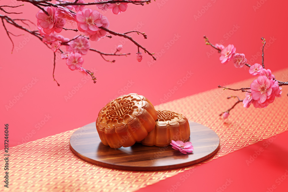Moon cake on the red background,Asian traditional festival, Mid-Autumn ...