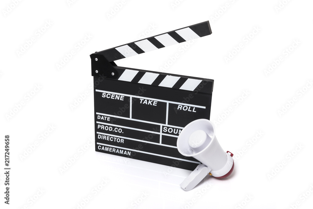 electric megaphone with clapper board isolated white. Stock Photo ...