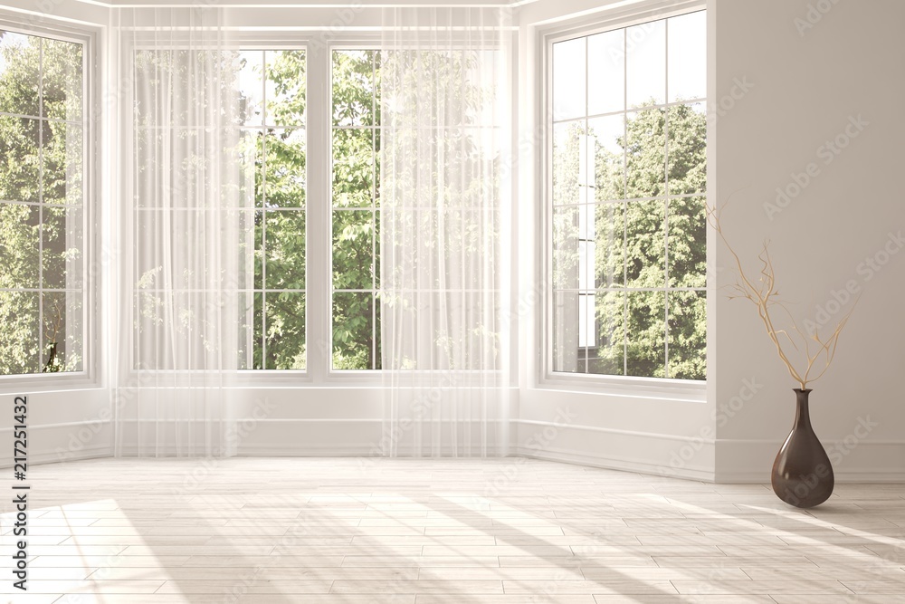 White empty room with green landscape in window. Scandinavian interior ...