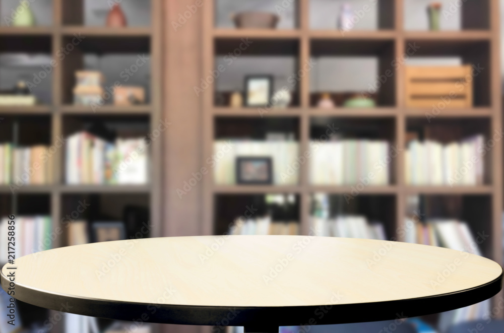 Wooden board empty table space platform in front of blurred library Of ...