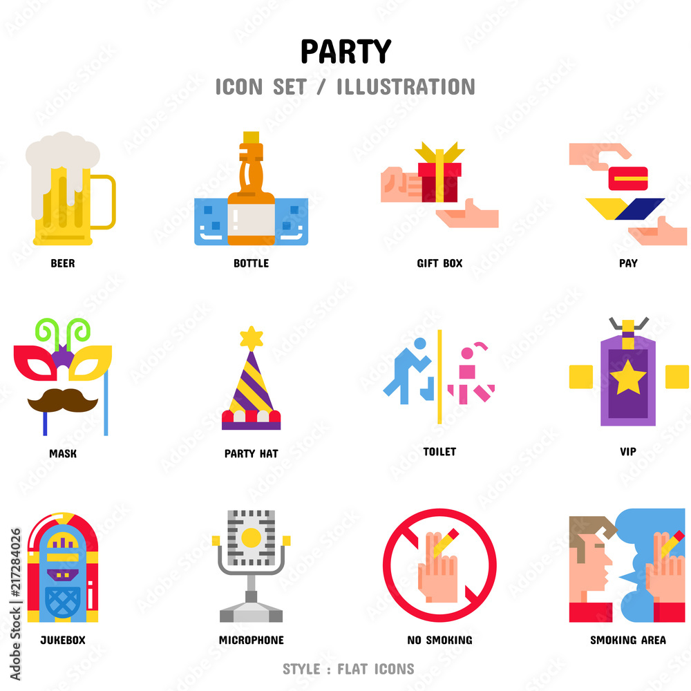 Party Icon Set, 12 icons for web design and vector illustration Stock ...