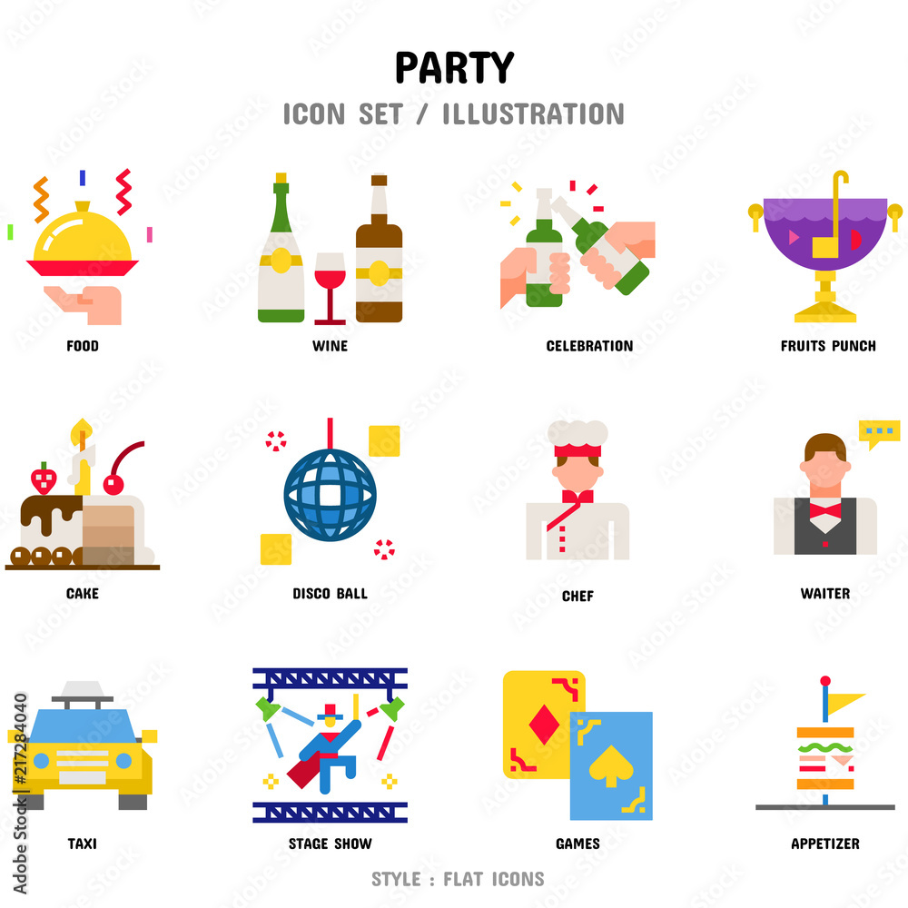 Party Icon Set, 12 icons for web design and vector illustration Stock ...