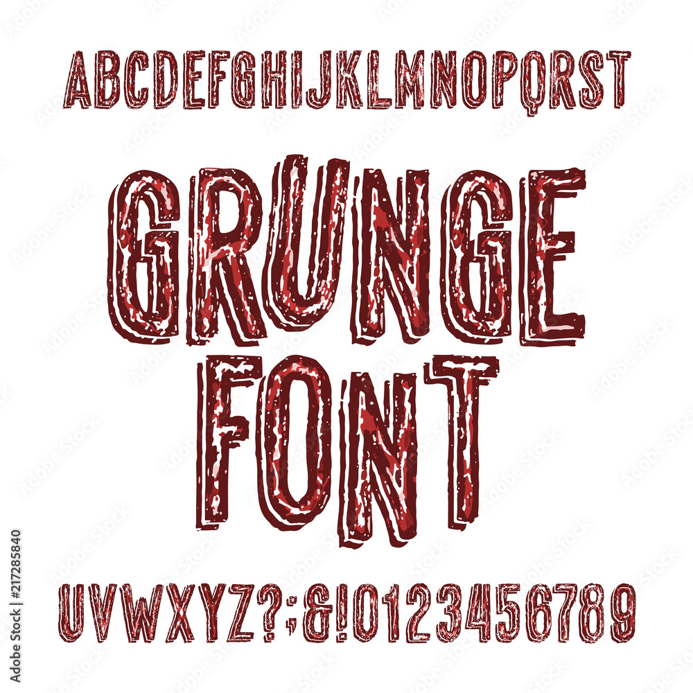 Grunge alphabet font. Hand drawn messy letters, numbers and symbols ...