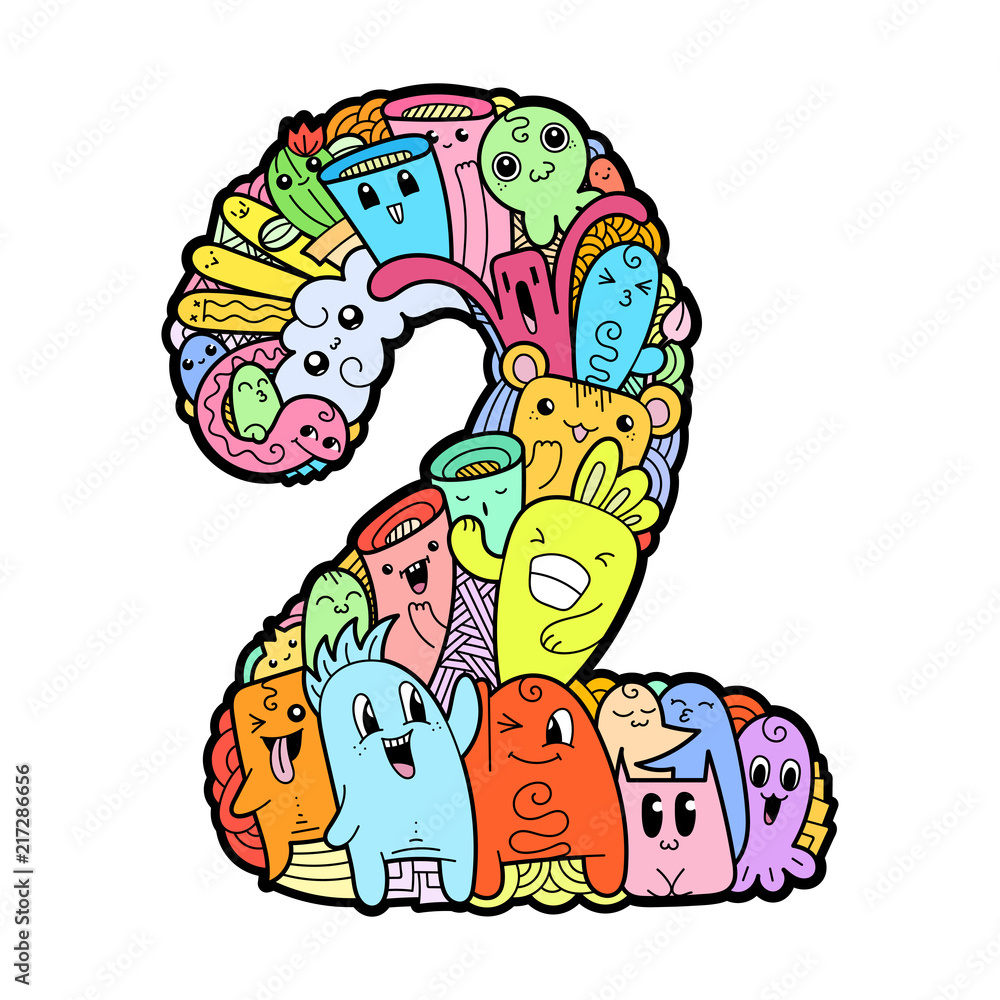 Hand drawn doodled kids numbers. Cute monstred numbers, math symbols ...