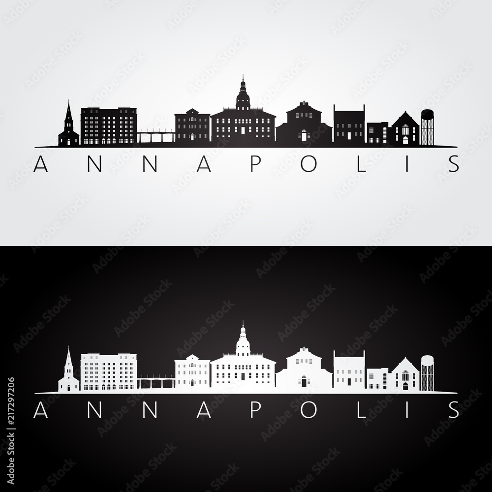 Annapolis, USA skyline and landmarks silhouette, black and white design ...