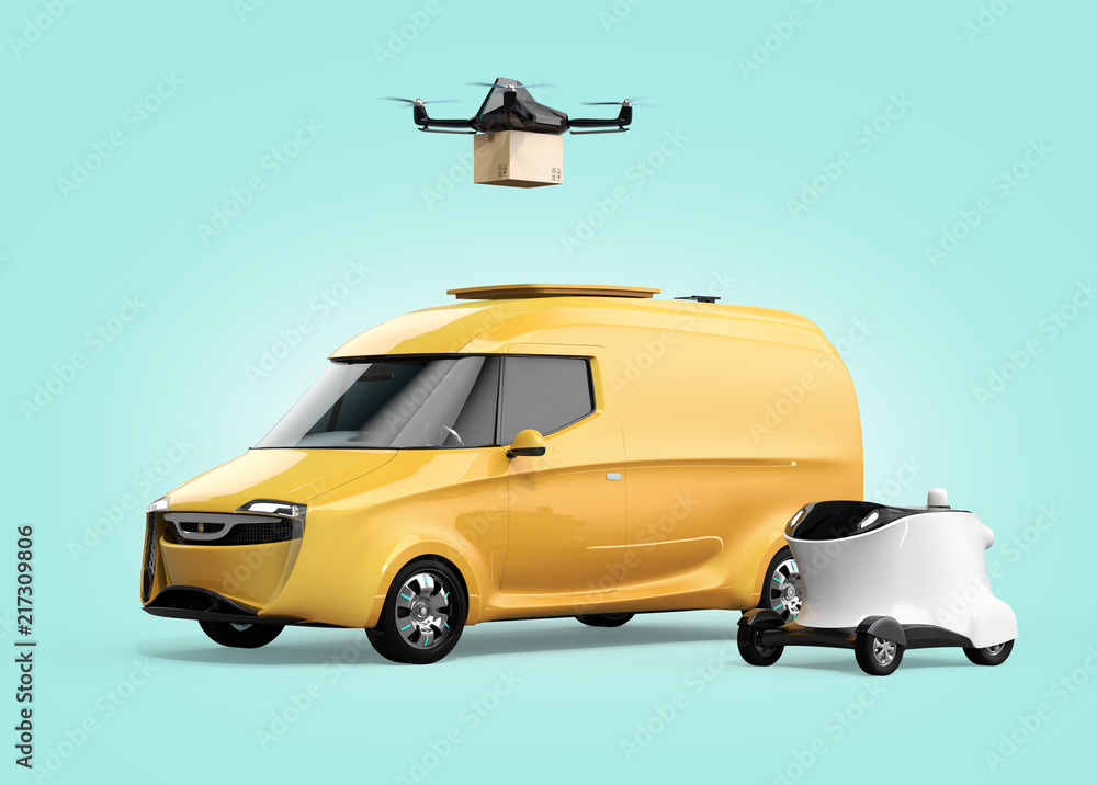 Delivery drone takeoff from yellow electric powered van, white delivery ...