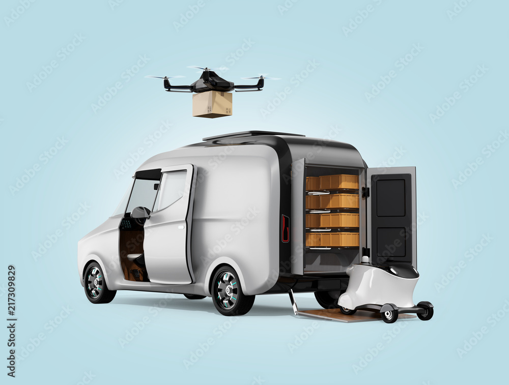 Drone and robot leaving electric powered van for delivering parcel ...