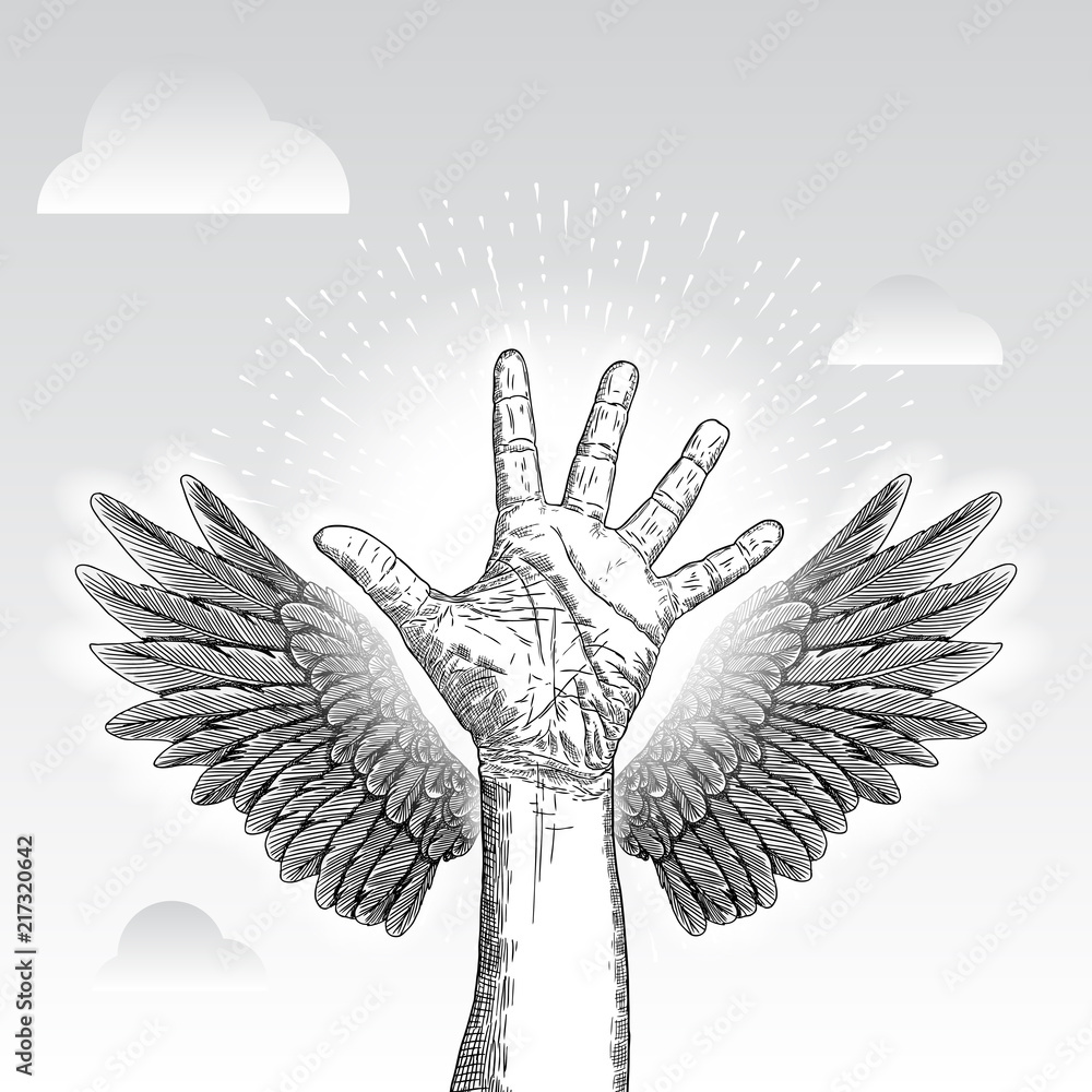 Charity concept. Donation, love and guardian angel hand with wings ...