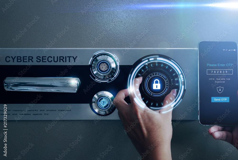 Man Hand open Safe with Cyber security protect concept, eye scanner ...