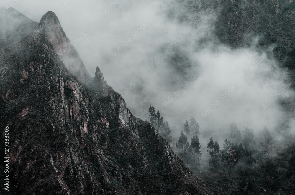 Mysterious and mystical high mountains and cliffs with forest on a ...