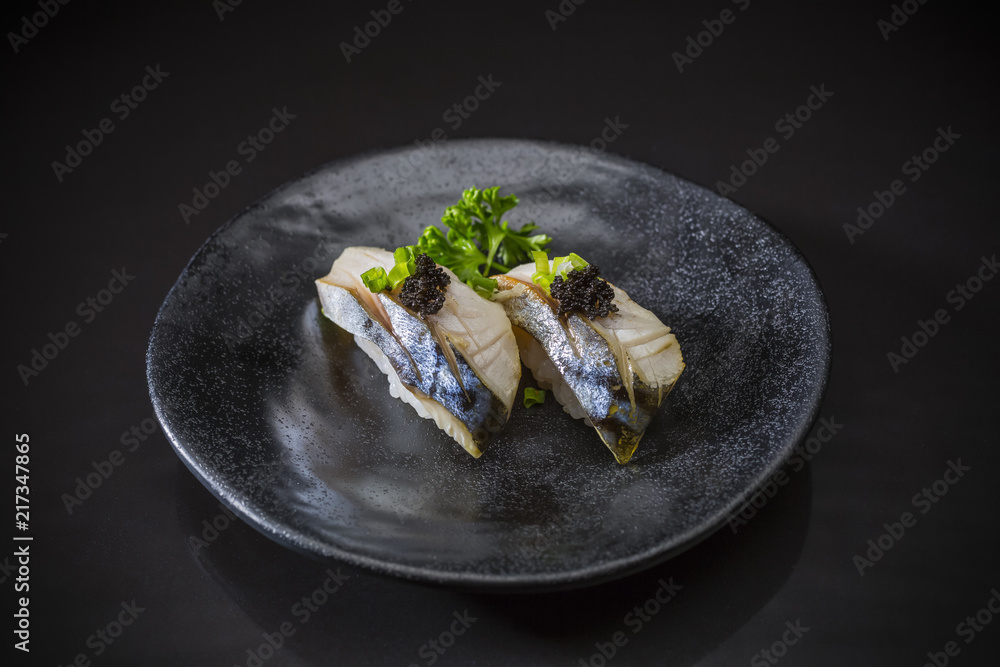 Saba Bouzushi Nigiri, Sushi Saba served on traditional Japanese food on ...